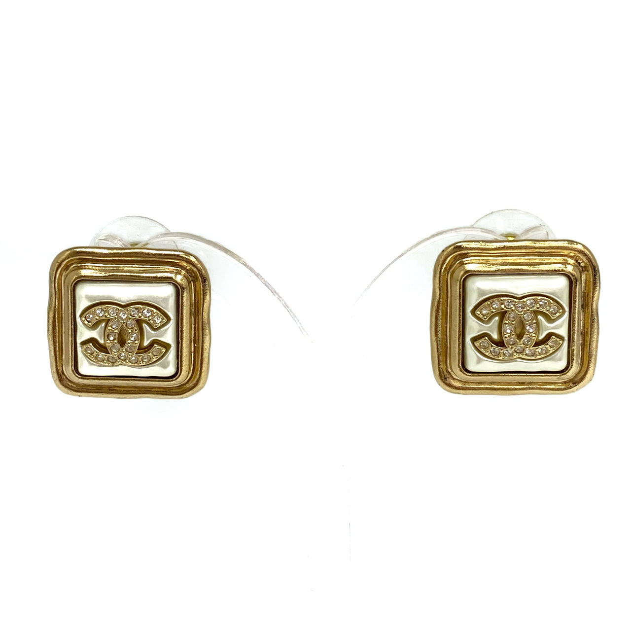 Chanel 香奈兒 Gold Tone Metal Rhinestones Faux Pearl Square Earrings A2 ...